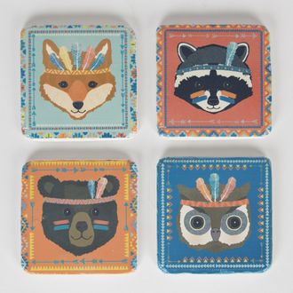 Sass & Belle Vier Glasuntersetzer mit Indianer Tieren im Shabby Look