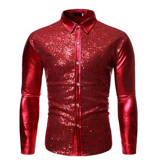 Generic Glitzerhemd Herren Pailletten Hemd Gl&auml;nzend Slim Fit Satin Langarmhemd Pailletten Metallic Gl&auml;nzend Hemd 70er Disco Party Kost&uuml;m 80er 90er Glitzer Jah