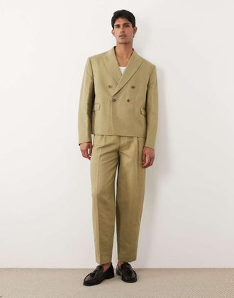 Asos Zweireihiger, kastiger Anzugblazer in Khaki mit hohem Leinenanteil-Gr&uuml;n