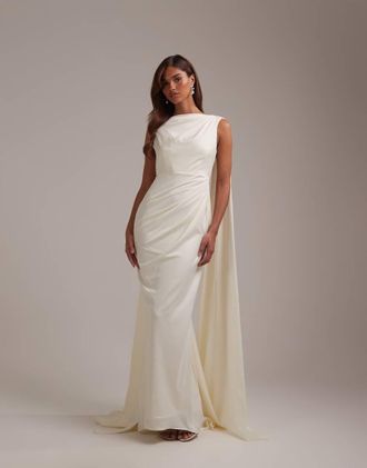 Asos Robe de mari&eacute;e &agrave; encolure bateau avec dos drap&eacute; et d&eacute;tail foulard - Ivoire-Blanc