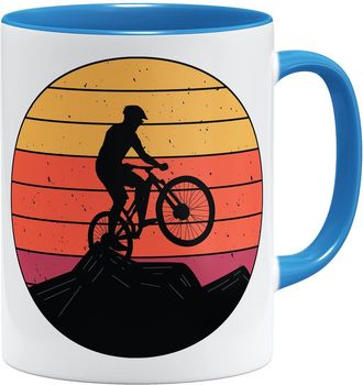 OM3 Retro Sunset Mountainbike Tasse mit Fahrrad MTB Bicycle Biking - Keramik Becher - 11oz 325ml - Beidseitig Bedruckt - Hellblau