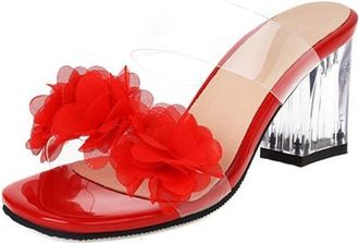 Generic Mules &agrave; Glissement Orn&eacute;es de Fleurs Femme Fleur de Soie Talon Carr&eacute; Transparent Bout Ouvert Sandales de Robe d&Eacute;t&eacute; Talons &Eacute;l&eacute;gants pour R&eacute;ception de Ma