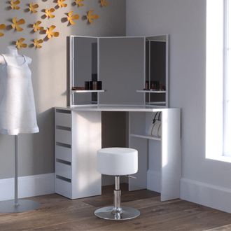 Vicco Eckschminktisch Wei&szlig; Arielle 110x141.5x54 cm - Frisiertisch f&uuml;r die Ecke, Spart Platz und nutzt Zimmerecken optimal aus