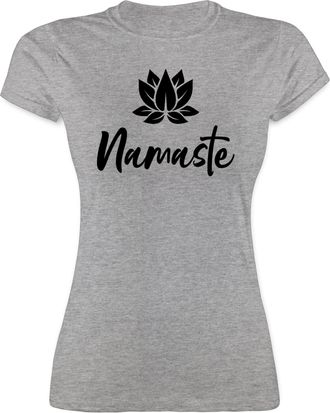 Shirtracer Shirt Damen - Yoga und Wellness Geschenk - Namaste mit Lotusbl&uuml;te schwarz - L - Grau meliert - Tshirt Yoga-Bekleidung Meditation Lotus t-Shirts Oberte