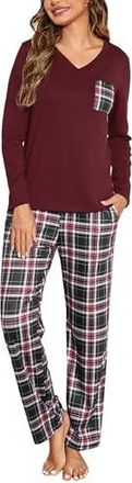 iClosam Pyjama Hiver Chaud Femme Ensemble de Pyjamas 2 Pièces Coton Vêtements de Nuit col V Confortable avec Haut Manche Longue et Bas à Carreaux
