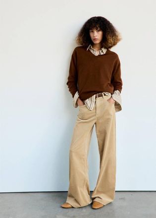 Mango Pantalon en velours c&ocirc;tel&eacute; wide-leg sable - Femme - 32 - MANGO