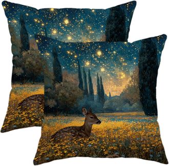 Generic Sternennacht-Hirsch-Kissenbez&uuml;ge, 2er-Set, dunkelblau, Wildtier-Dekor-Kissenbez&uuml;ge, gem&uuml;tliche, dekorative quadratische Stickerei f&uuml;r Zuhause, Sofa, B