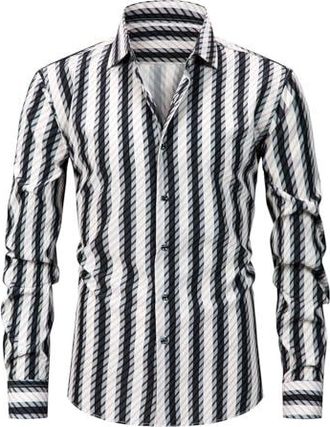 Generic Chemises pour homme adulte &agrave; manches longues contrast&eacute;es ray&eacute;es - Sans repassage - Sans plis - Chemise d&eacute;contract&eacute;e pour printemps et automne - Col ra