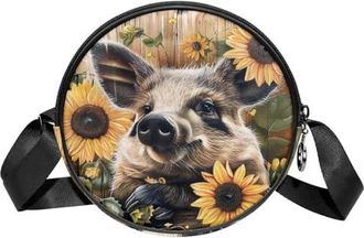 Generic Petit sac &agrave; bandouli&egrave;re rond pour femme, motif cochon de tournesol avec fermeture &eacute;clair, bretelles r&eacute;glables, sac &agrave; main rond d&eacute;contract&eacute; pour femmes