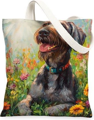 Generic Sac fourre-tout en toile avec pointeur allemand pour le shopping, 33 x 38 cm, motif fleurs color&eacute;es, sac d&eacute;picerie r&eacute;utilisable pour femme, chien, voy
