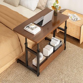 Generic Mobiler Beistelltisch Mit Rollen, 50 cm Breiter, Höhenverstellbar 63-85cm, Nachttisch Mit Metallrahmen Sofa-Tisch Für Laptop, Snacks, Bücher(Walnut)