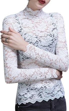 Minetom Femme T-Shirt Manches Longues Dentelle Chemisier Moulant Shirt Transparente Blouse Couleur Unie Hauts Tops A Blanc XL