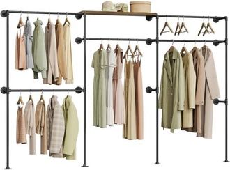 Woltu Tringle à Vêtements Murale, Dressing Penderie, Design Ouvert, Style Industriel, Noir + Marron Rustique