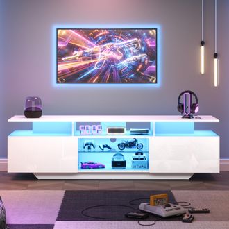 Generic TV Schrank Weiss mit mit led licht und uebersichtlichem stauraum klares lowboard stehend in ruhigem Design als funktionaler fernsehtisch Fuer Wohnzimm