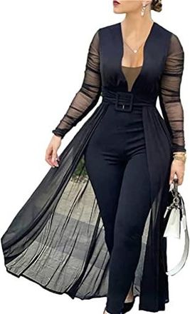 Minetom Femmes Combinaison Manche Longue Couleur Unie Jumpsuit Élégant Pantalon Playsuit Cocktail Soirée Romper A Noir 3XL