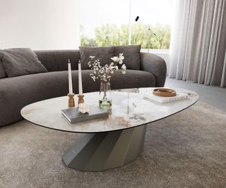 DELIFE Couchtisch Edge Oval 140x75 cm Keramik Minas Melange Parabi Metall Effektfinish Titan, Couchtische