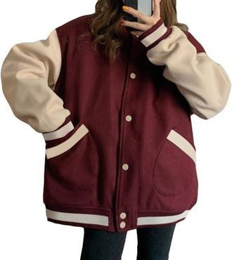 ORANDESIGNE Blousons Femme Bomber Jacket Harajuku Rétro Hip Hop Fermeture éclair Boutons Patchwork Manches en Cuir PU Manteau Collégial Baseball Veste Manteau en 