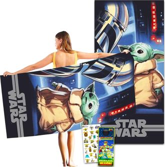 Star Wars Mandalorianisches Badetuch-Set - 101,6 x 182,9 cm, riesiges Baby-Yoda-Handtuch mit Aufklebern, mehr | Mandalorian Yoda Badezimmer-Dekor