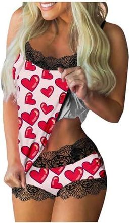 Generic Pyjama pour femme - En satin - Avec motif coeur imprim&eacute; - Lingerie et boxer - Deux pi&egrave;ces - Doux et sexy - En flanelle - Sous-v&ecirc;tements de Saint-Valen
