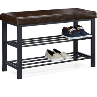 Relaxdays Relaxdays - Banc de rangement &agrave; chaussures, pour 6-8 paires, meuble en similicuir, 2 niveaux, HxlxP 49 x 81 x 31 cm, blanc