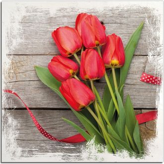 Wallario Wandbild aus Holz Rote Tulpen auf einem Alten Holztisch - 40 x 40 cm in Premium-Qualität: Brillante Farben