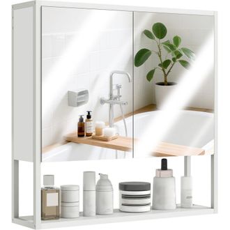 HOMCOM Armoire murale salle de bain avec miroir - HOMCOM - 2 portes miroir - &eacute;tag&egrave;re r&eacute;glable et &eacute;tag&egrave;re ouverte - 60 x 16 x 60 cm - blanc