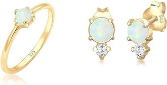 Elli Ring Damen Band Basic Geo mit Synthetischem Opal in 925 Sterling Silber & Ohrringe Damen Ohrstecker Vintage mit Zirkonia Kristallen und Opal in 925 St