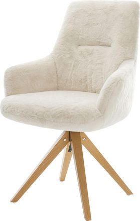 DELIFE Esszimmerstuhl Zelia-Flex mit Armlehnen Holzgestell kantig Natur Pl&uuml;sch Creme-Wei&szlig; 180&deg; drehbar Taschenfederkern