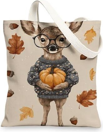 Generic Sacs fourre-tout en toile de cerf mignons, sacs dépicerie réutilisables, légers et lavables avec bandoulière, Beige, 13x15 Inch