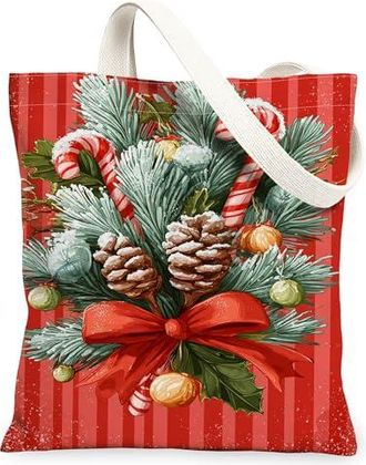 Generic Sacs fourre-tout r&eacute;utilisables en toile de pin de No&euml;l, motif floral, festif, l&eacute;ger, lavable, bandouli&egrave;re C, Rouge, 13x15 Inch