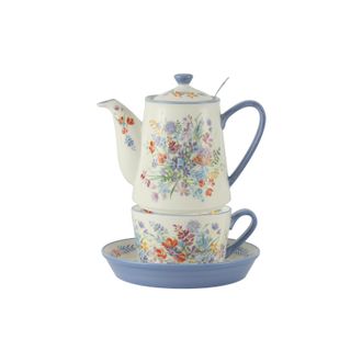 London Pottery Teekanne und Teetasse f&uuml;r einen, herausnehmbares Edelstahl-Teesieb f&uuml;r den Nachmittagstee, britische Tasse und Untertasse, Teekannen f&uuml;r losen Tee (Vi