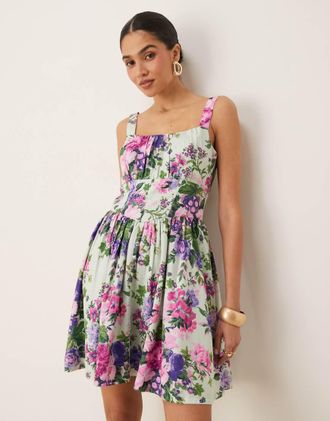 Hope & Ivy Robe corset trapèze courte à bretelles - Fleurs multicolores-Violet