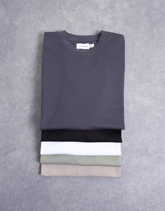 Topman 5er-Pack Relaxed-Fit-T-Shirts in Schwarz, Wei&szlig;, Beige, Salbeigr&uuml;n und Anthrazit-Bunt
