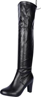 Generic Bottes hautes extensibles et &eacute;l&eacute;gantes pour femme - Couleur unie - Talon bloc - Similicuir - Confortable - &Agrave; enfiler - Style d&eacute;contract&eacute; et classique,