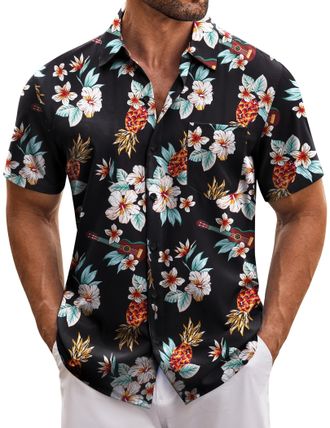 Coofandy Hawaii Hemd M&auml;nner Sommer Button Down Hemden Herren Kurzarm Casual Strandhemd Blumenmuster Freizeithemden Mit Taschen Schwarz XXL