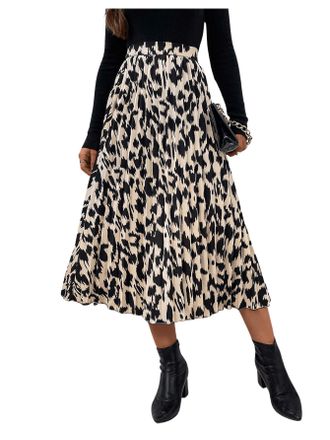 SOLY HUX Damen Elegant Leopardenmuster A-Linien R&ouml;cke Langer Plissee Freizeitrock Mit Elastischem Bund Schwarz M