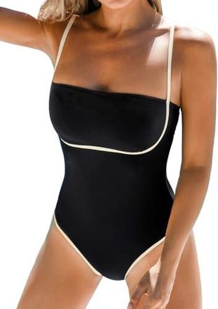 Cupshe Maillot de bain une pièce pour femme - Col carré - Découpe dans le dos - Crochet de couleur contrastée, noir, Taille XL