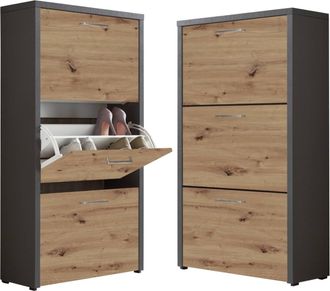BMG M&ouml;bel Schuhkipper &raquo;Siena&laquo; (Schuhschrank Schuhregal Schrank Garderobe, 3 Klappen), Metallgriffe, 18 Paar Schuhe (Anthrazit/Artisan Eiche)