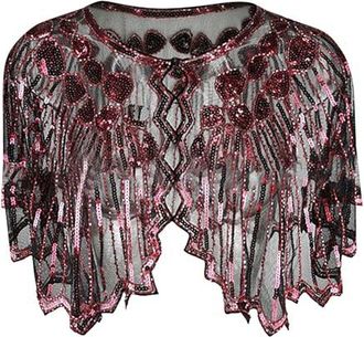 Generic 2025 Hiver Automne Femmes R&eacute;tro D&icirc;ner Ch&acirc;le Paillette Robe de Soir&eacute;e Petit Ch&acirc;le Veste Cape, bordeaux, Taille unique