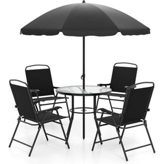 Costway Ensemble de Salle &agrave; Manger de Jardin 6 Pi&egrave;ces avec Parasol, 4 Chaises Pliantes et Table Ronde en Verre Tremp&eacute; pour Jardin, Terrasse