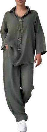 Onsoyours Femme Ensemble Coton et Lin Couleur unie Chemisier + Pantalon de Joggings de Sport Décontracté Col V Tenue Manche Longue Survêtement Printemps Eté Set
