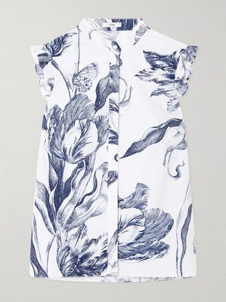 Erdem Bluse Aus Baumwollpopeline Mit Blumenprint Und R&uuml;schen - Elfenbein