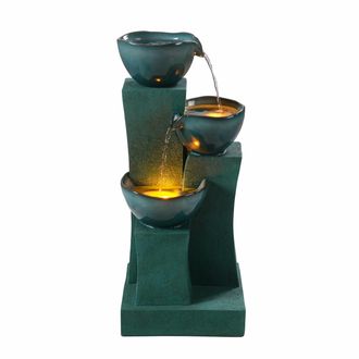 Teamson Home 72,5 cm 3-stufiger Kaskadierender Outdoor-Wasserbrunnen mit LED-Leuchten für Außenbereiche, Grün