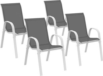 IDMarket Lot de 4 chaises de jardin LYMA m&eacute;tal et textil&egrave;ne empilables blanc et gris