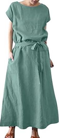 Generic Huttam Robe pour Mariage invit&eacute; Femme Dames Printemps &eacute;t&eacute; et Automne Couleur Unie Mode Ample boh&egrave;me Manches Courtes col Rond Couleur Unie Coton et Lin