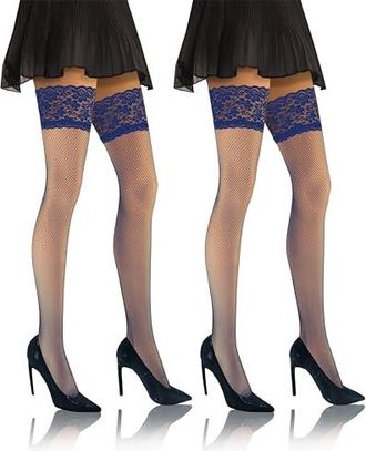 Sesto Senso 2 paires Bas Autofixant Résille Dentelle Sexy Sous-vêtements Femme 1/2 XS-S Bleu Modrak