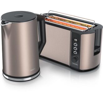Arendo Arendo - Fr&uuml;hst&uuml;cks-Set, Wasserkocher 1,5l, Langschlitz Toaster f&uuml;r 4 Scheiben, Beige