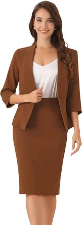 Allegra K Damen Business Rock Anzug Set 2-Teiliges B&uuml;ro Arbeits Outfit Kragenloser Blazer Bleistiftrock Braun M