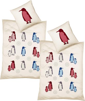 JACK by Fleuresse 4tlg. Fein Biber Bettw&auml;sche 135x200cm Pinguin Rot Blau Grau Creme