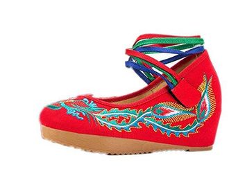 Lazutom Chaussures compensées pour femme style chinois vintage Mary Jane - Rouge - Rouge, 37 EU